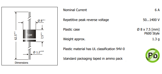 ΔΙΟΔΟΣ ΑΝΟΡΘΩΣΗΣ P600K, 6A 800V